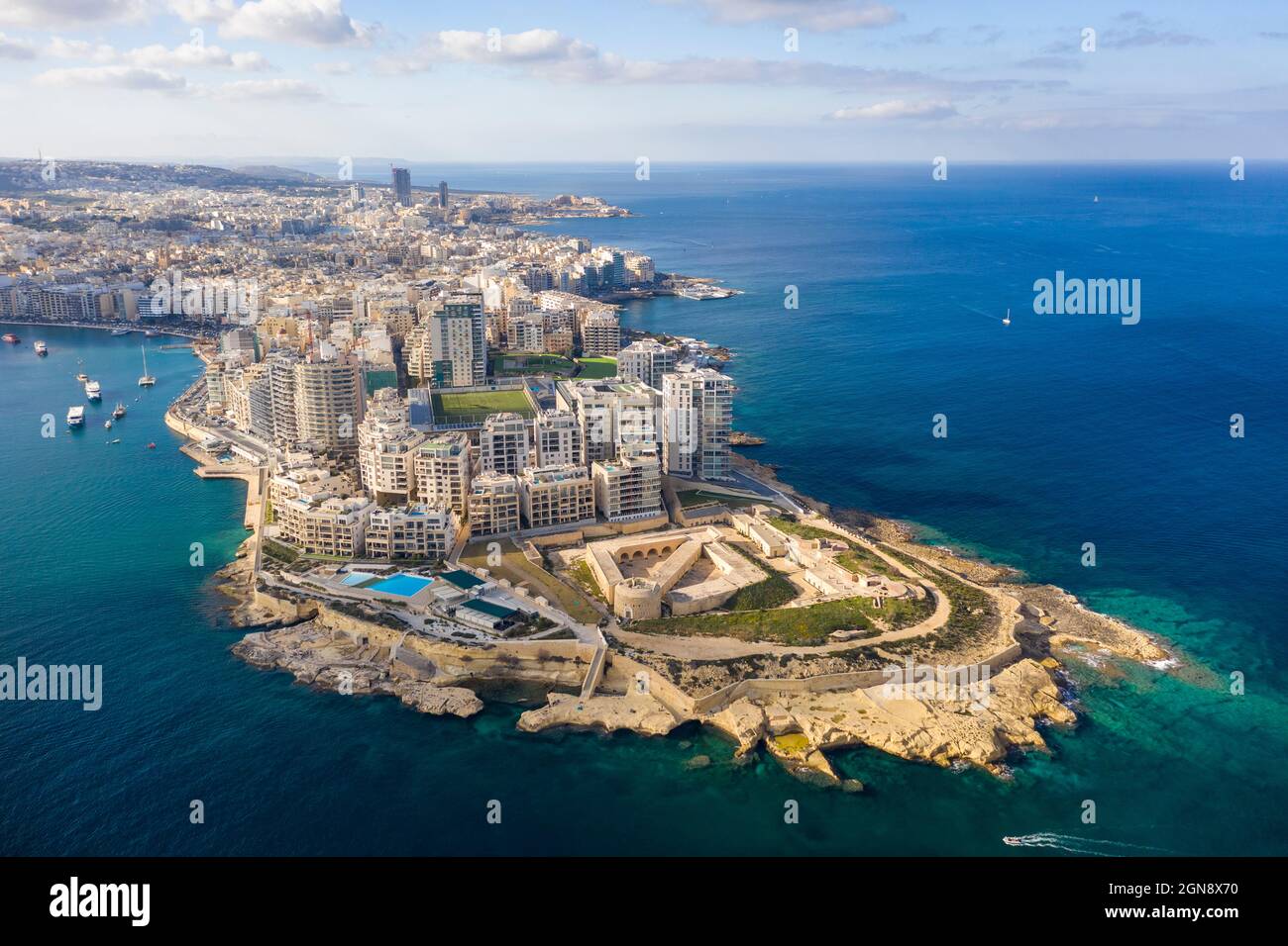 Malta, Central Region, Sliema, Aerial view of Fort Tigne with hotels ...