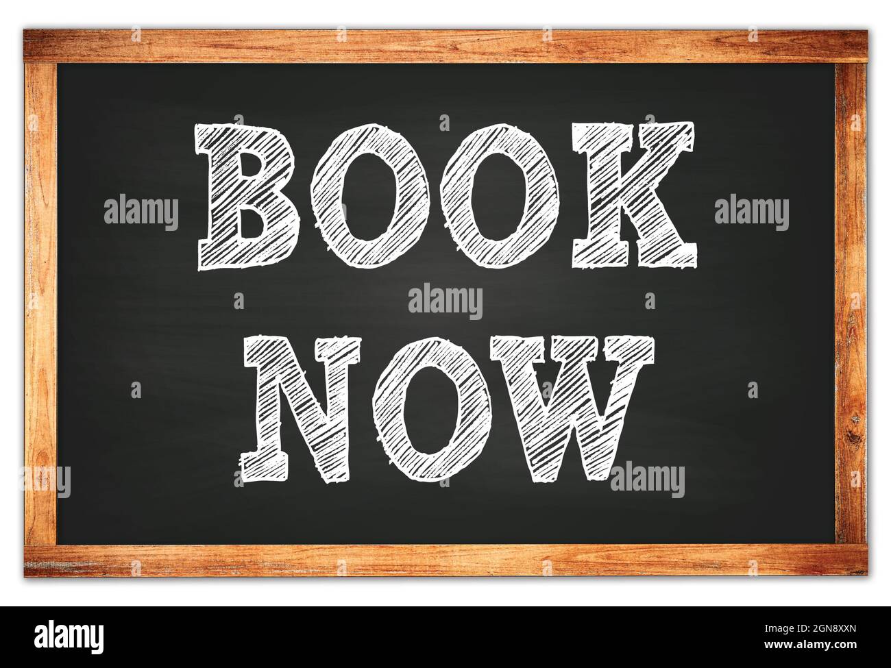 BOOK NOW written on black wooden frame school blackboard Stock Photo ...