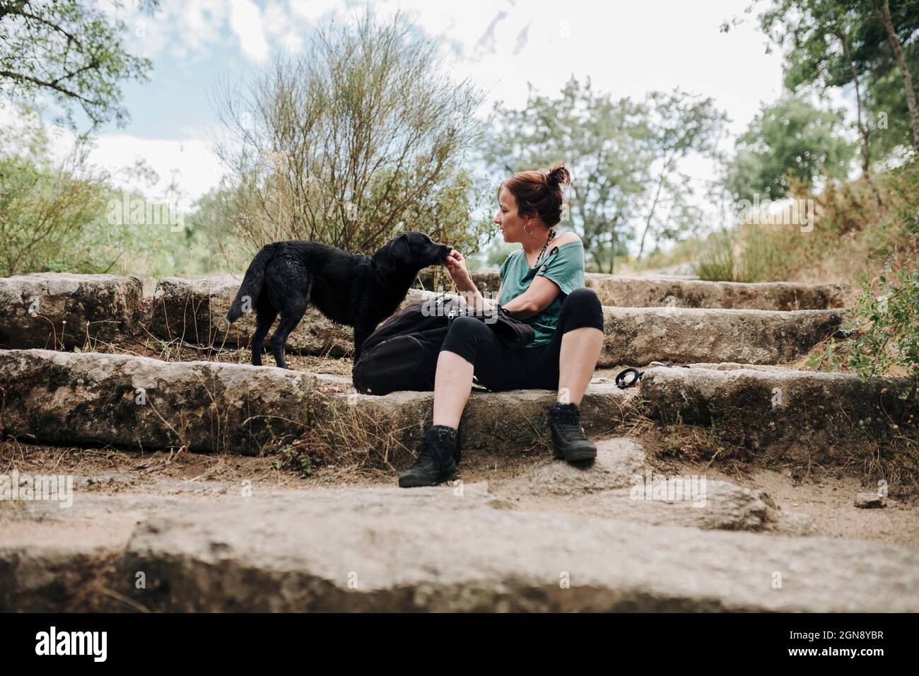 Woman feeding dog outdoors hi-res stock photography and images - Alamy