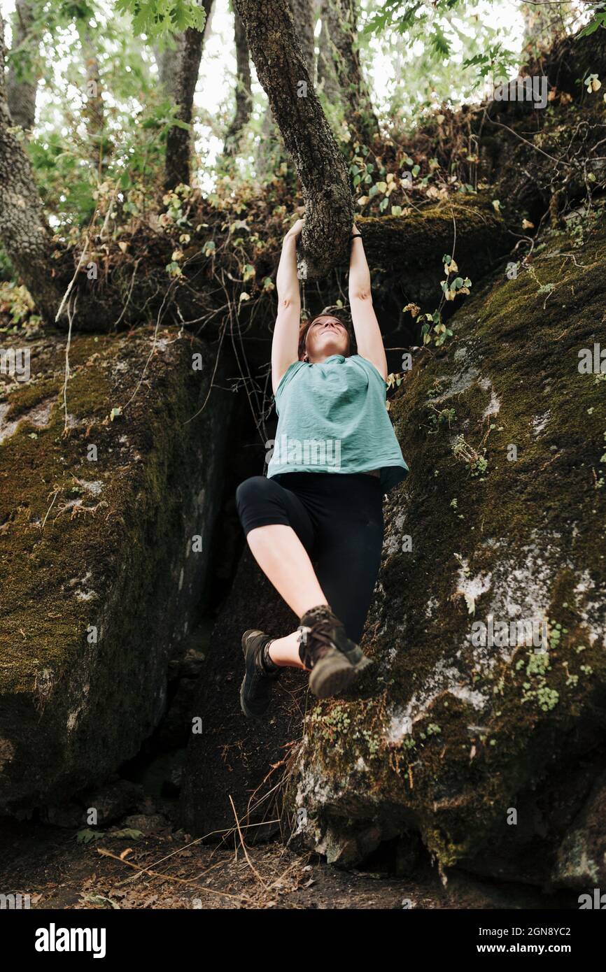Mid adult woman hanging on branch in forest Stock Photo - Alamy