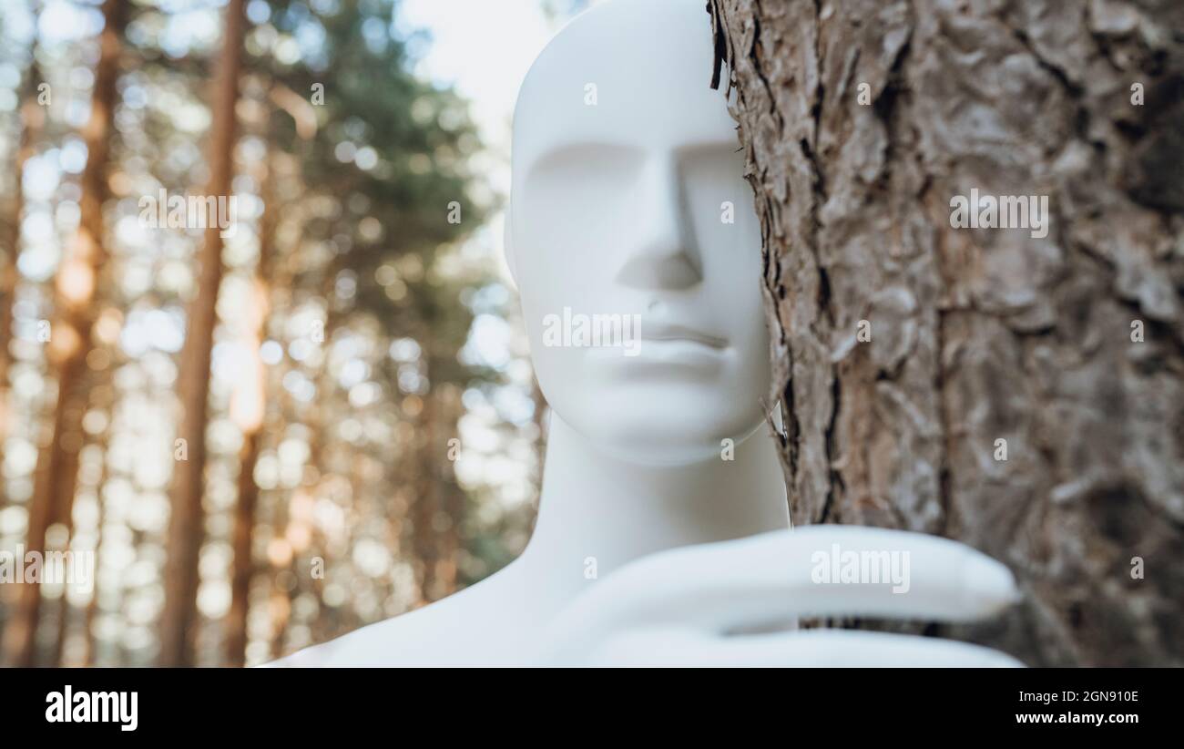 Robot standing behind tree in forest Stock Photo - Alamy