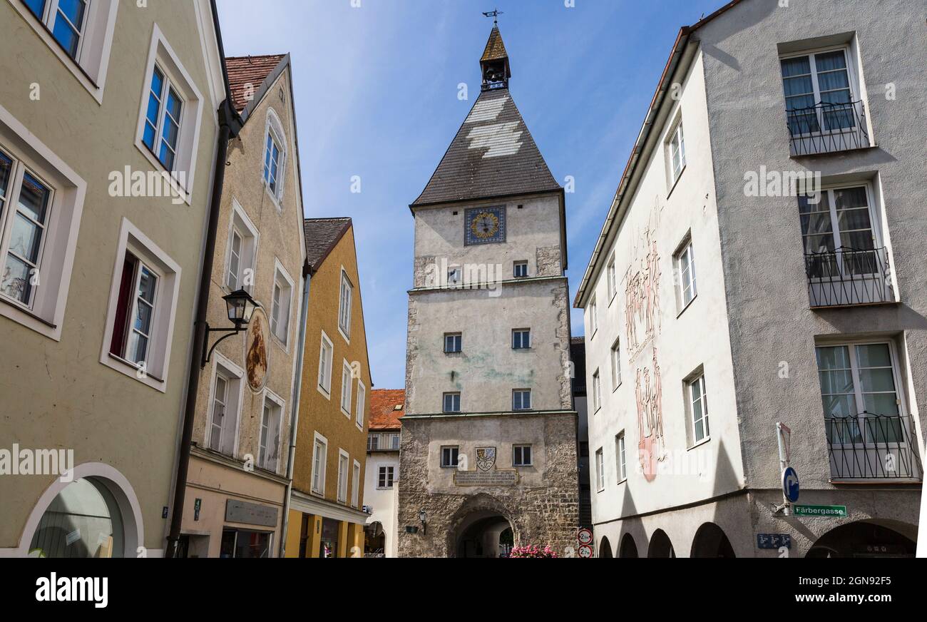 Town gate tower amidst buildings braunau am inn hi-res stock ...