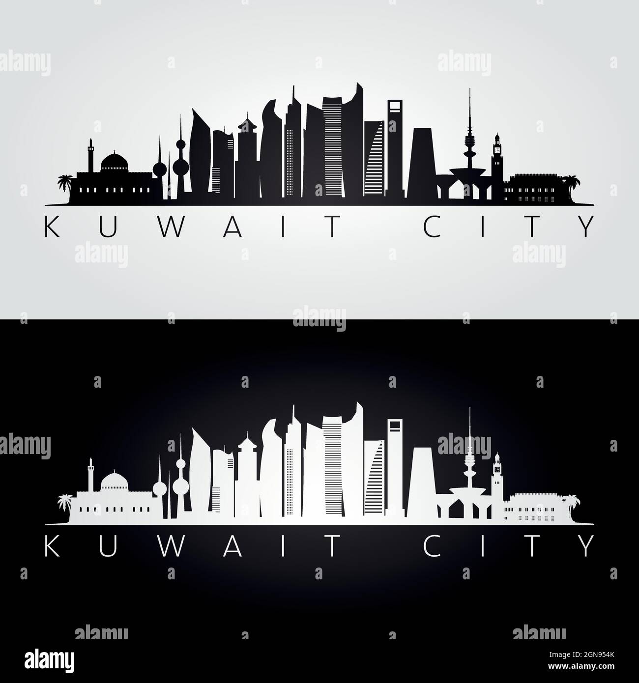 Kuwait city skyline and landmarks silhouette, black and white design ...