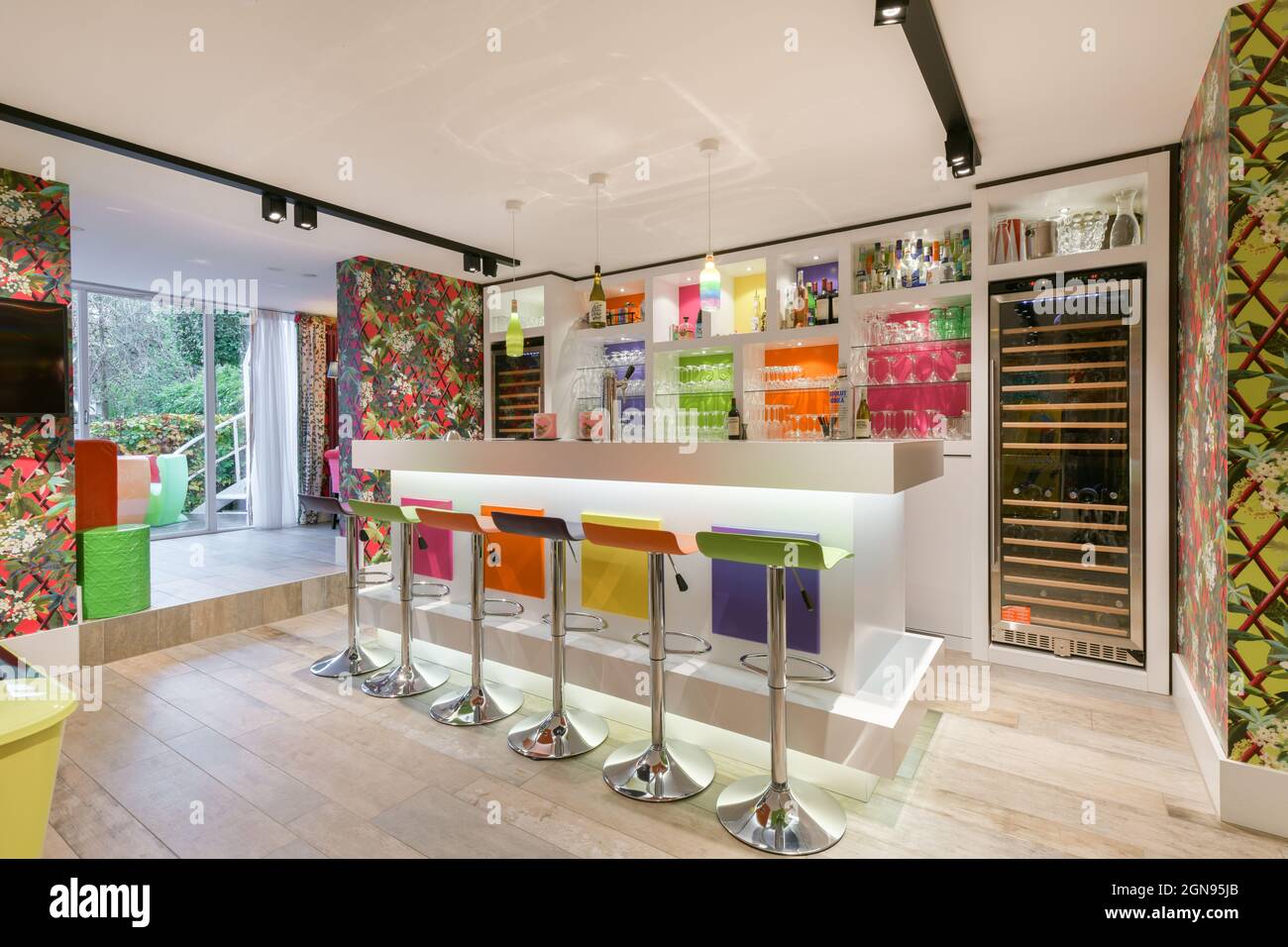 Bright and colorful private contemporary home bar. Luxury design Stock ...