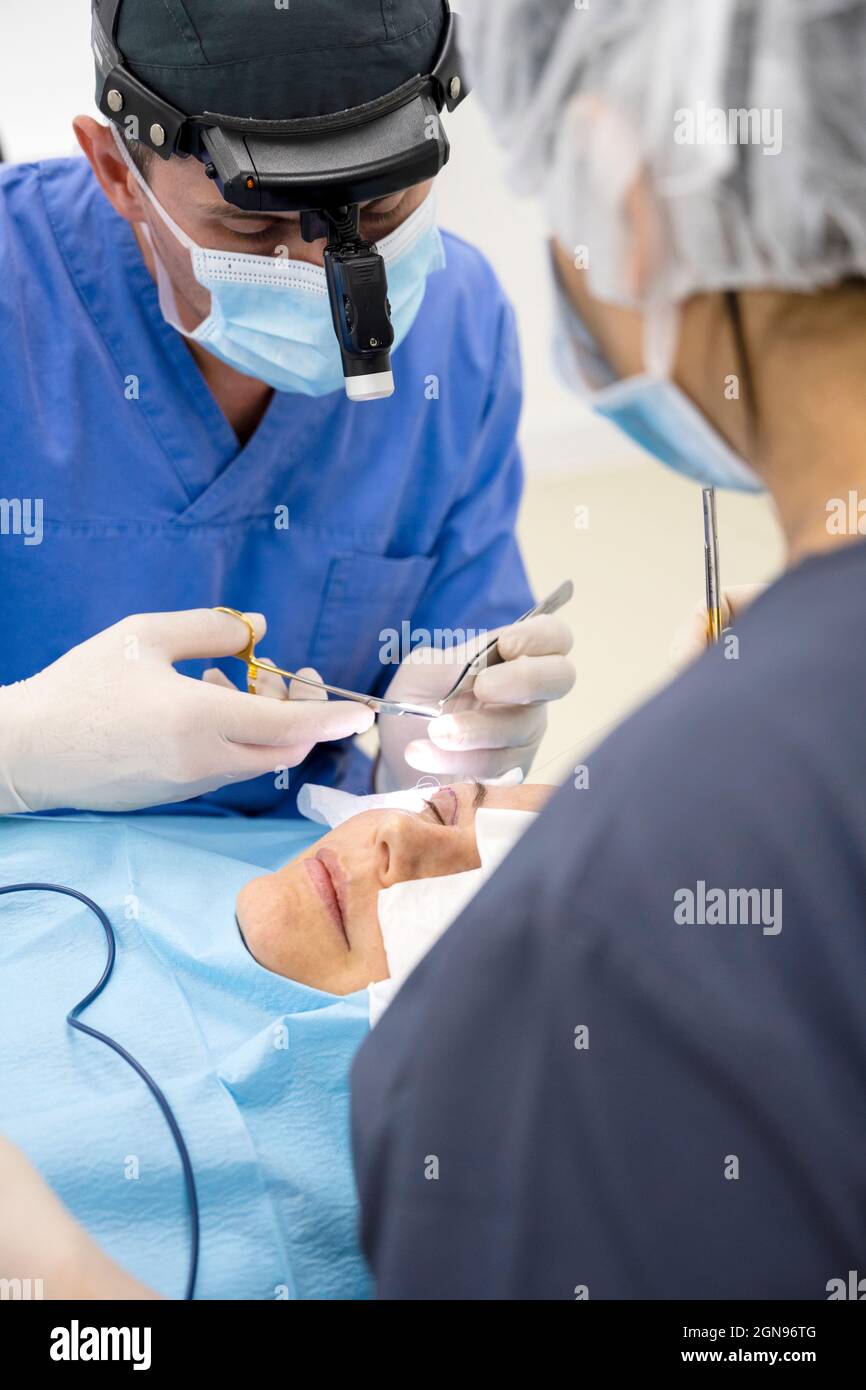 Plastic surgery operation, modifying the eye region in medical clinic ...
