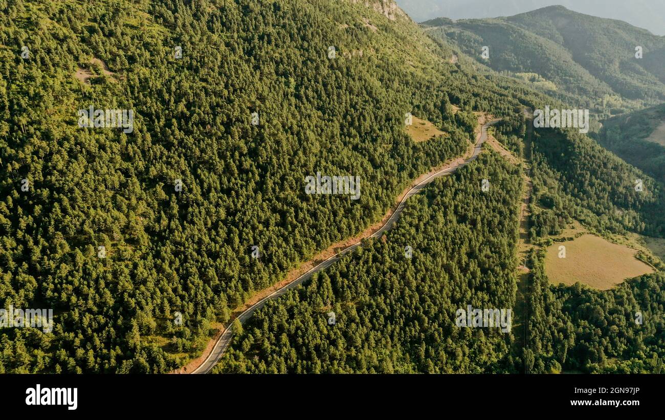 Aerial view of country road stretching through forested landscape of ...