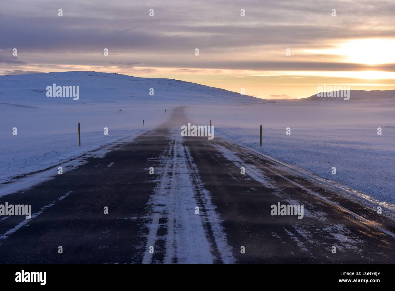Windy and snowy on road in the north of Iceland Stock Photo - Alamy