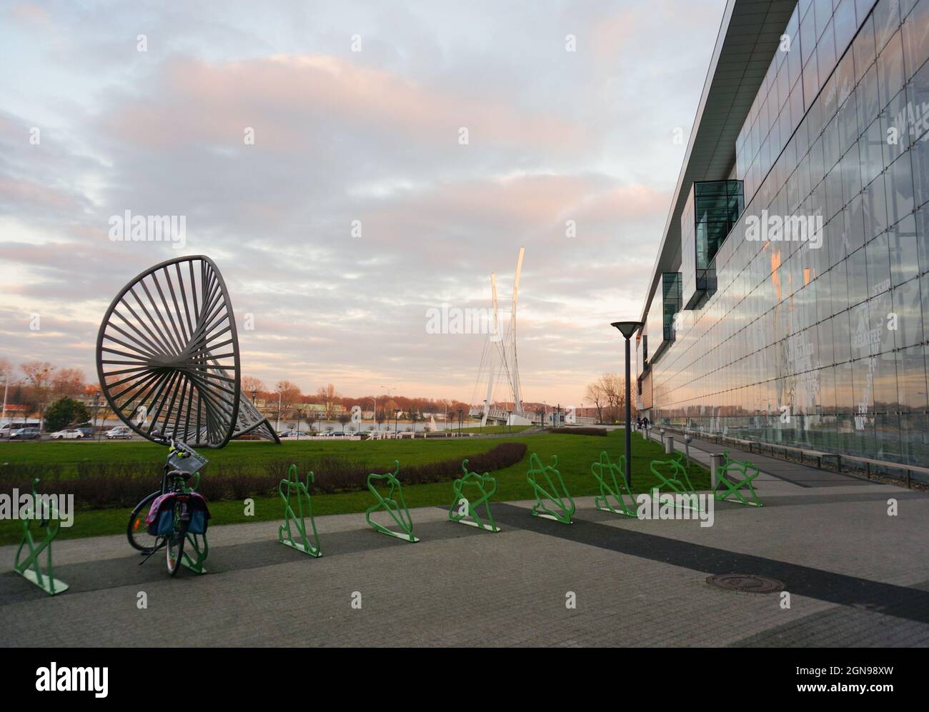 POZNAN, POLAND - Apr 11, 2016: Bicycle racks and park by the Galeria ...