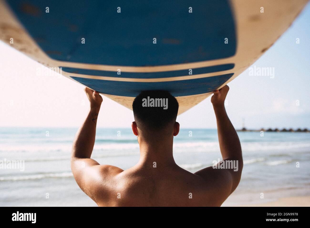 Back view of surfer holding a surfboardwhile looking out to sea Stock ...