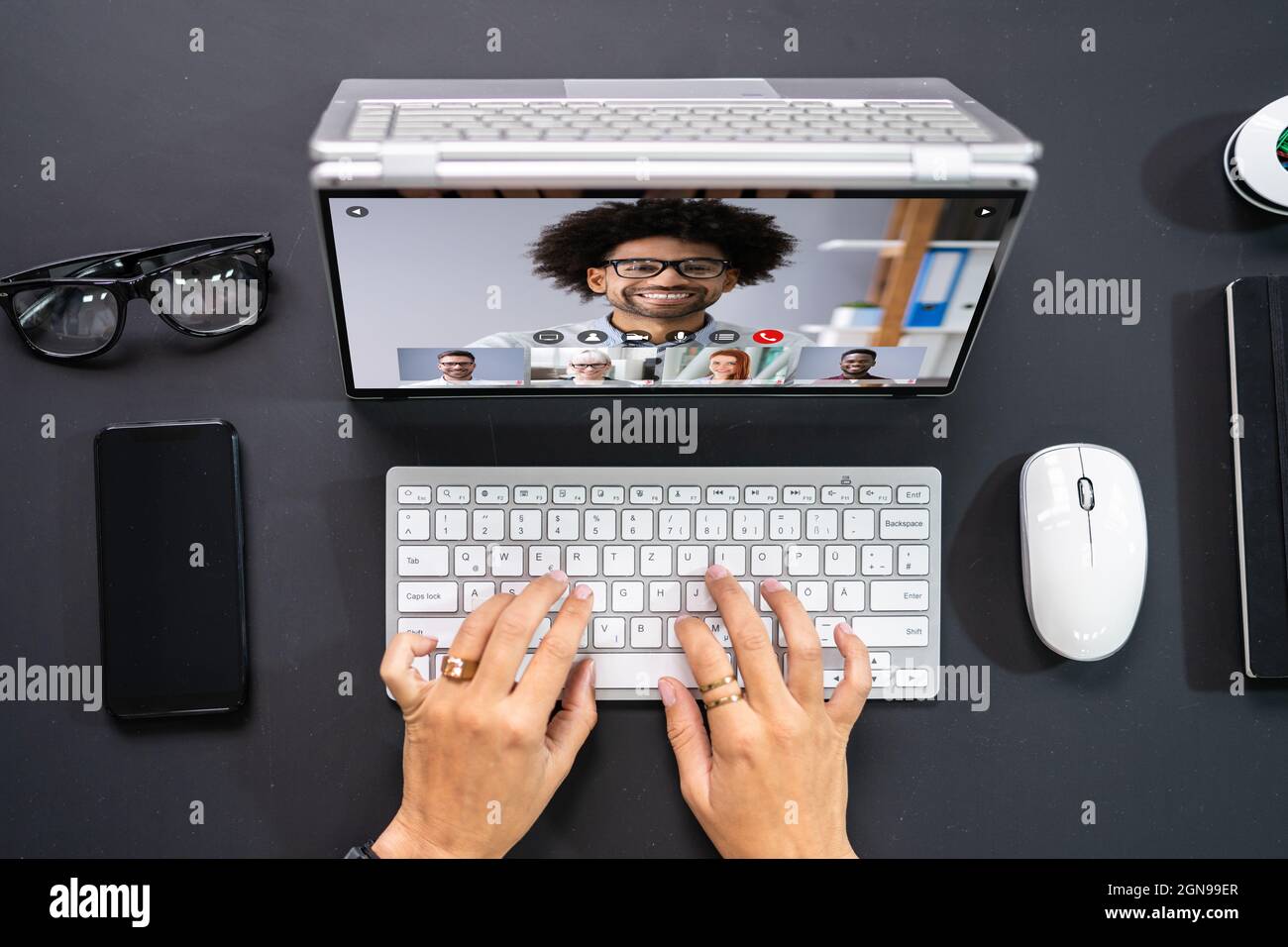 Virtual Conference Interview Meeting In Office Room On Hybrid Tablet ...