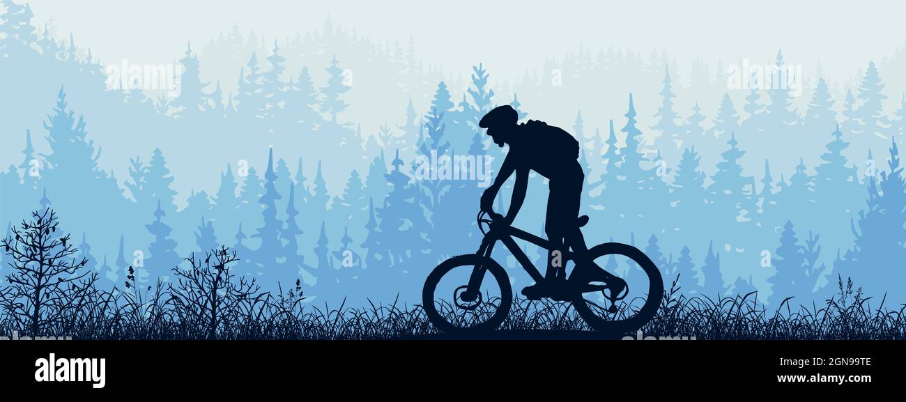 Horizontal banner. Silhouette of mountain bike rider on meadow in ...