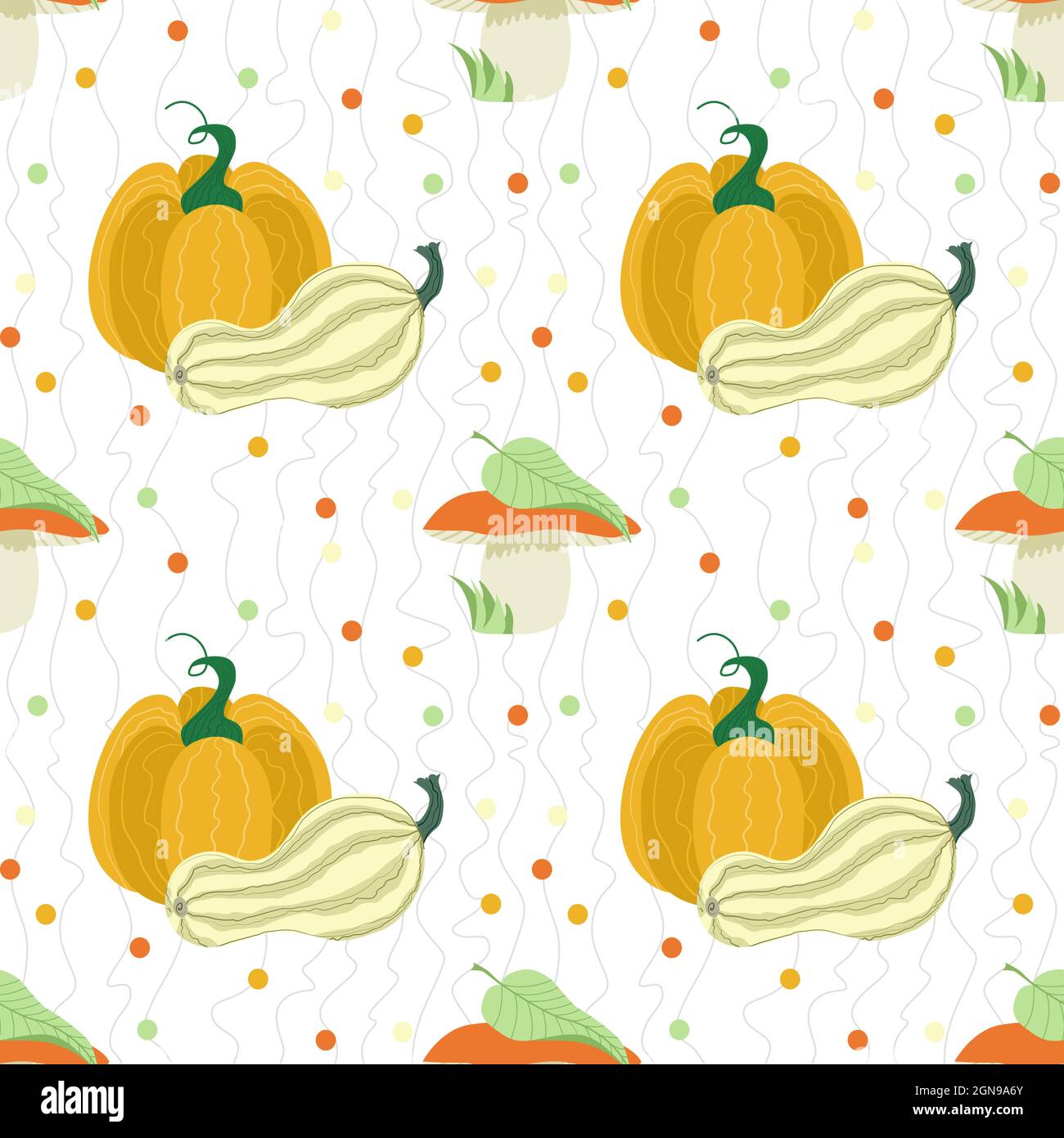 Vector seamless pattern with pumpkins and mushrooms. Fallen leaves ...