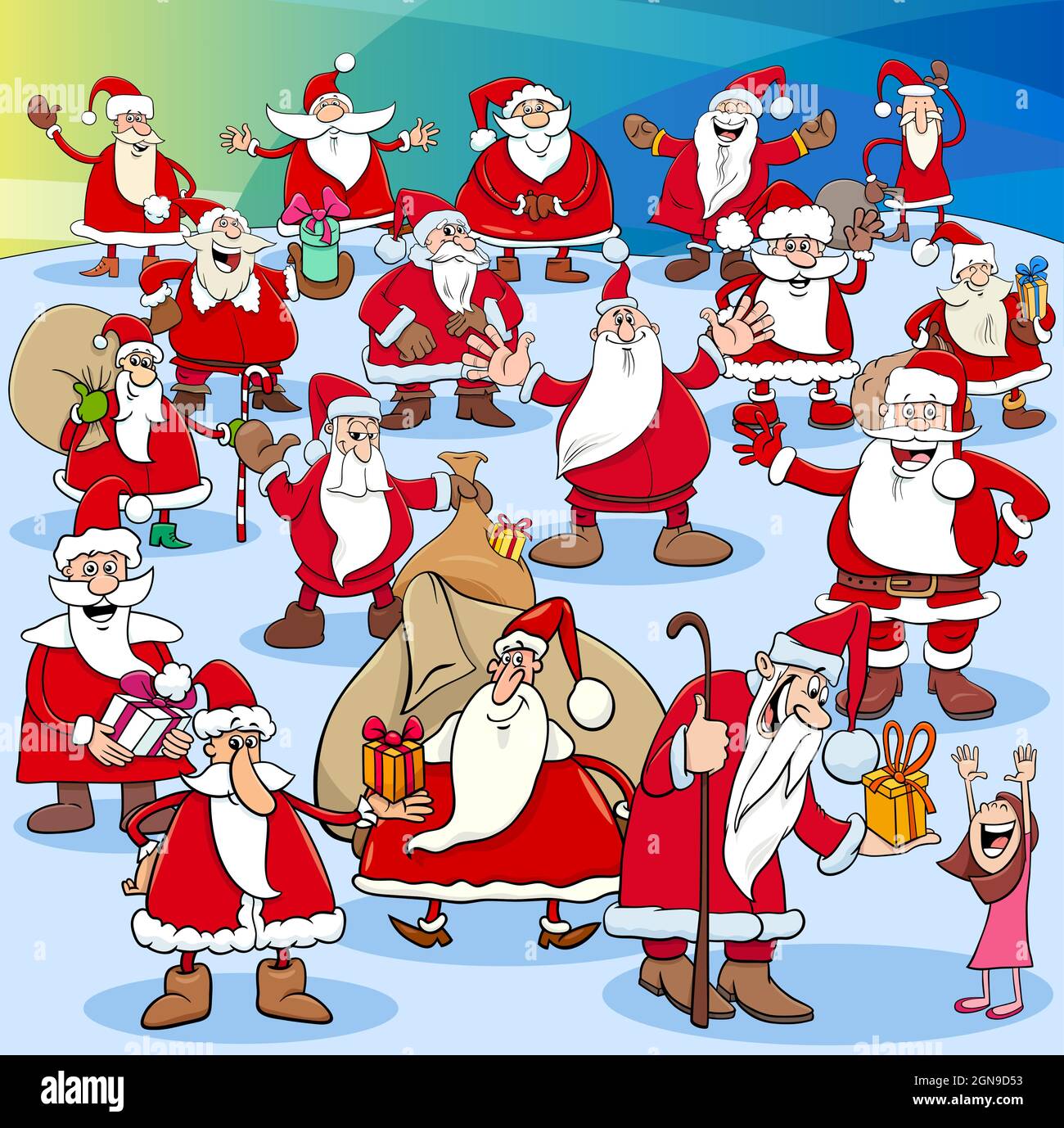 Cartoon illustration of Santa Claus comic characters big group on ...