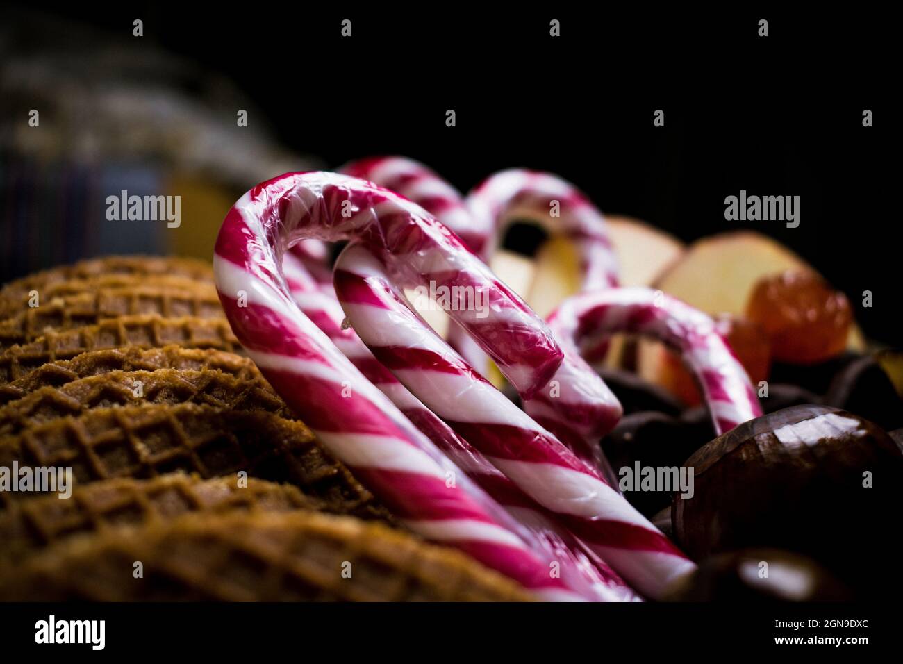 Soft focus of wafers and candy canes on display Stock Photo - Alamy