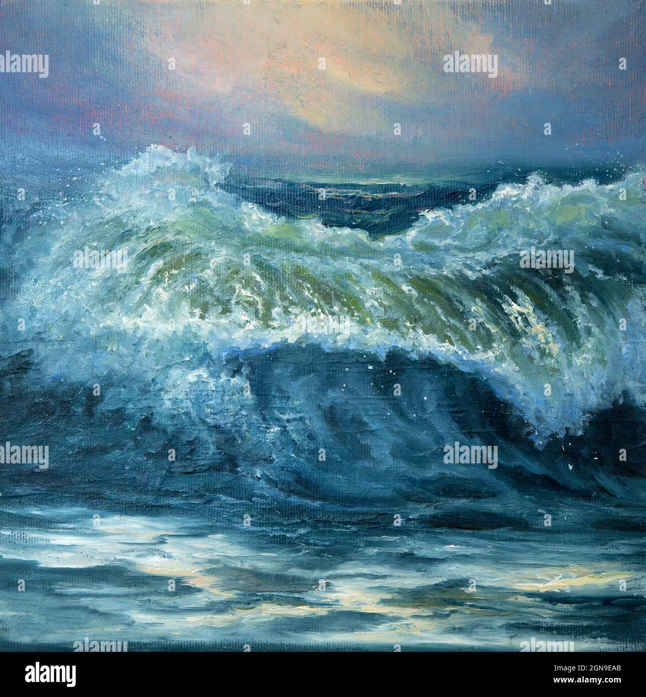 Original oil painting showing waves in ocean or sea on canvas. Modern ...