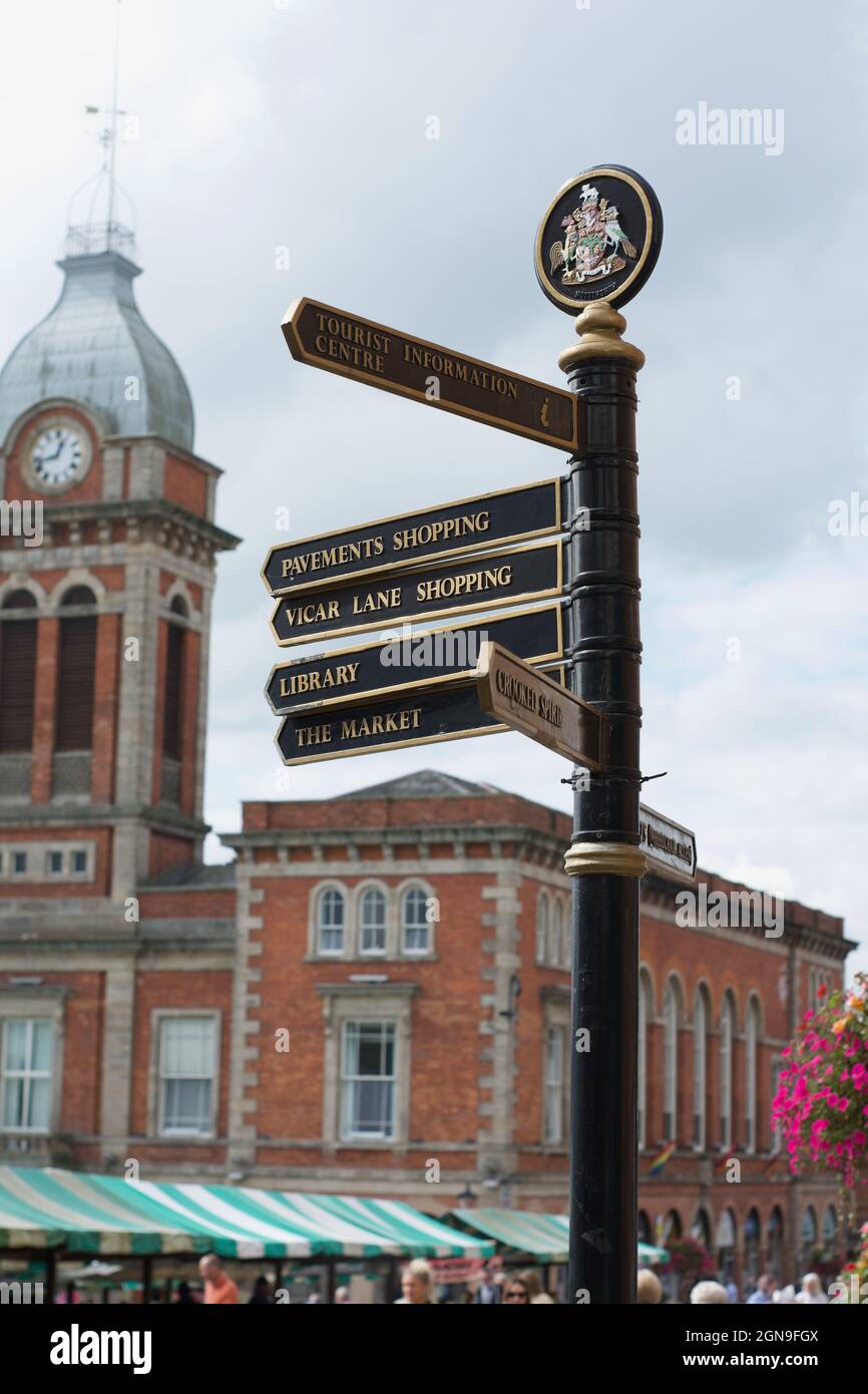 Chesterfield town centre street sign in front of the Market Hall ...