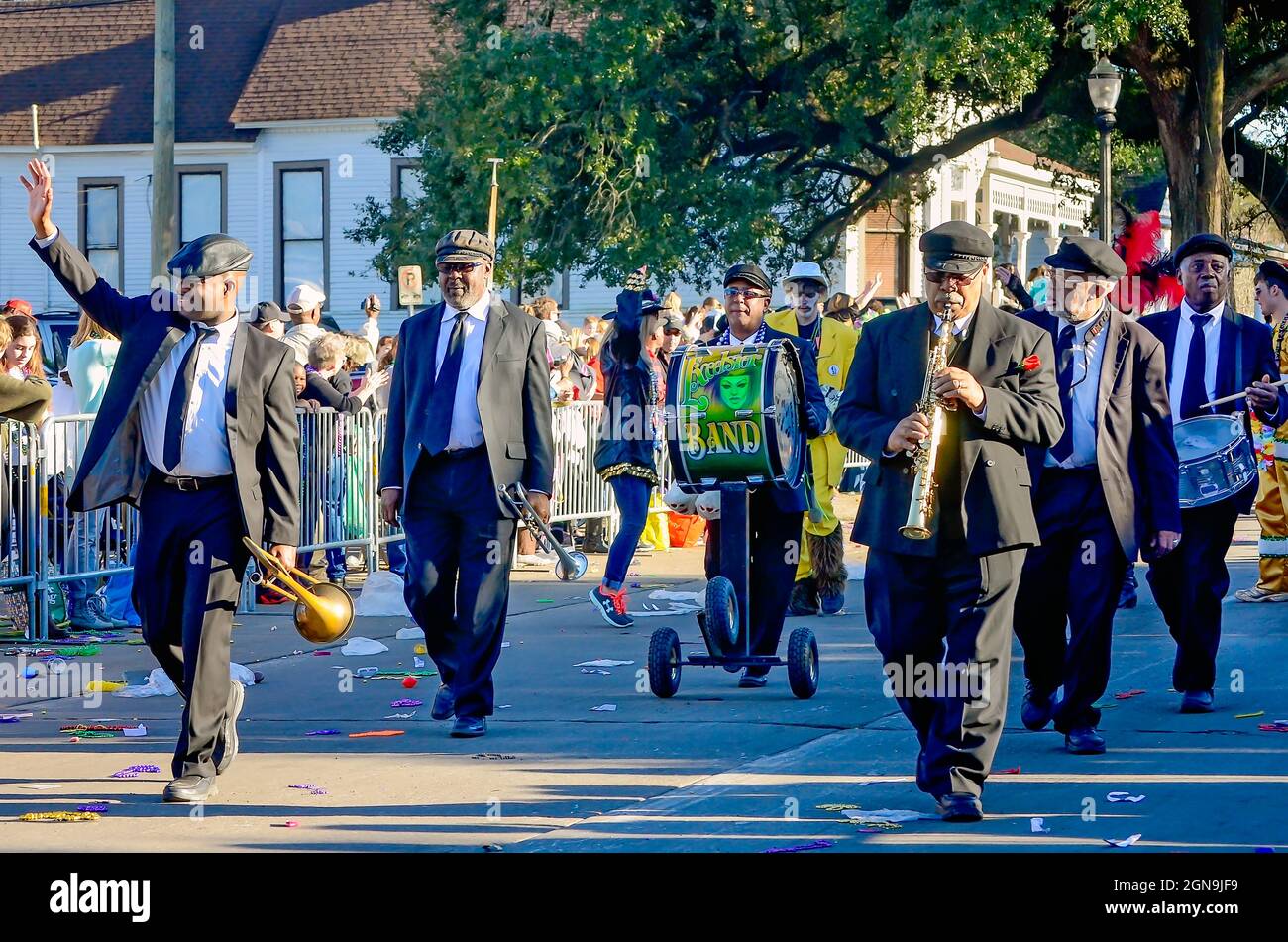 The Excelsior Band marches during the Joe Cain Day Mardi Gras parade ...