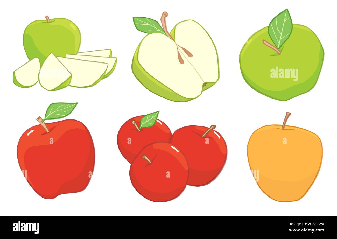Set of six apple illustrations. Sliced apple, apples in groups, half ...