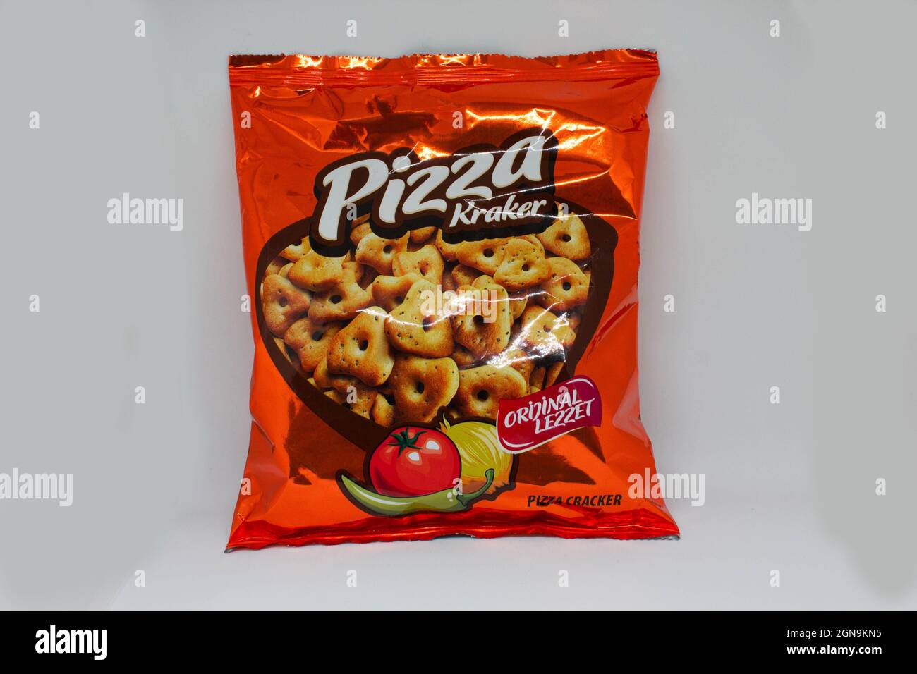 Pizza cracker. Turkish snack. Original taste. Tomatoes paprika and ...