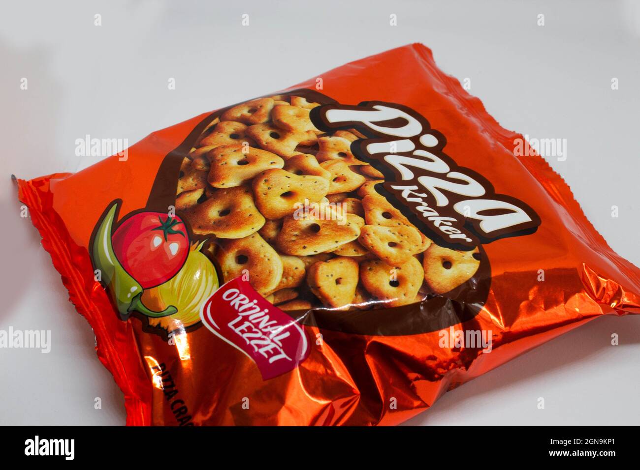 Pizza cracker. Turkish snack. Original taste. Tomatoes paprika and ...