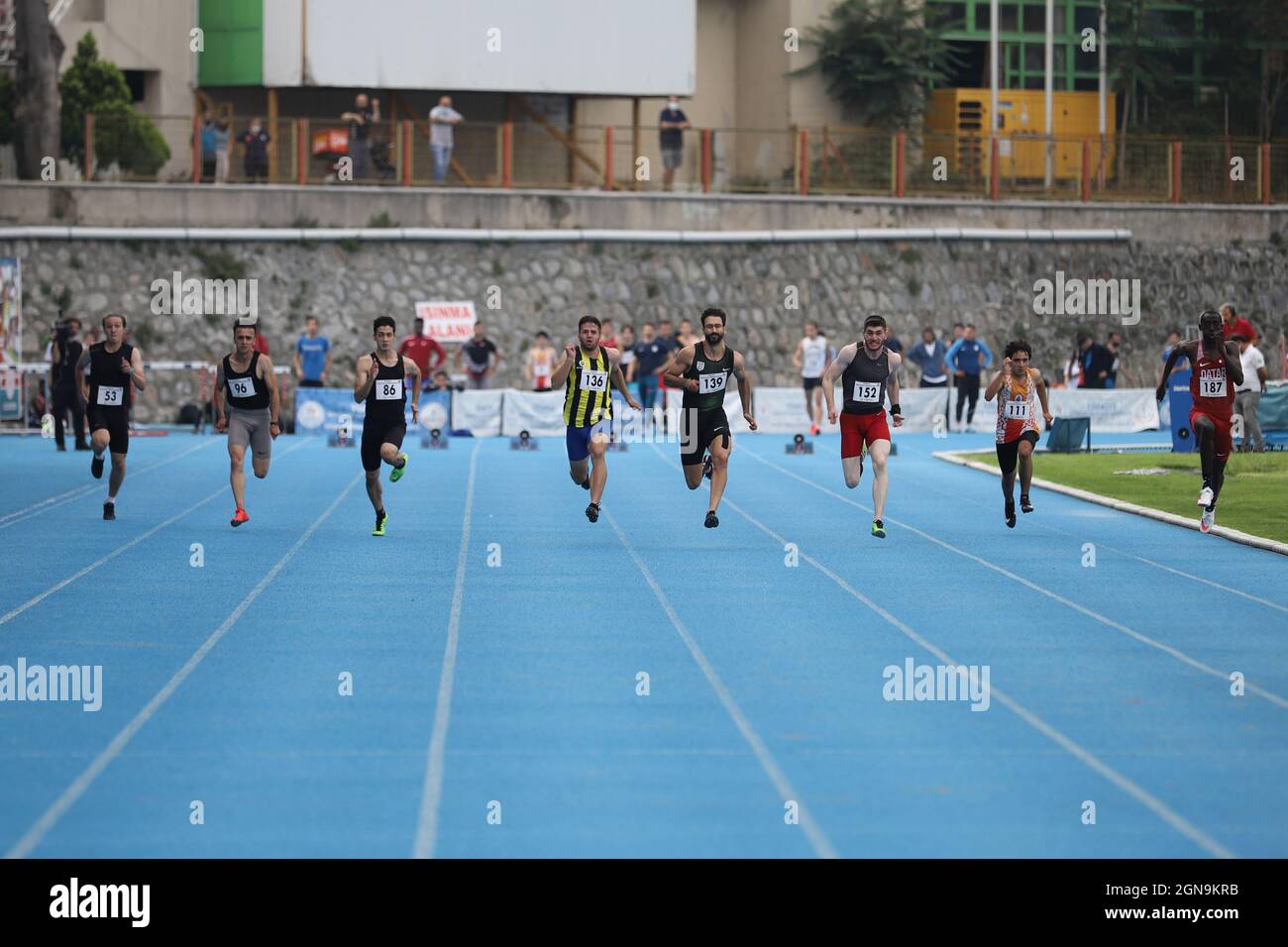 ISTANBUL, TURKEY - JUNE 23, 2021: Athletes running 100 metres during ...