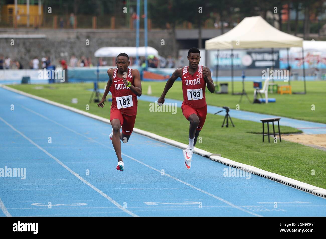 ISTANBUL, TURKEY - JUNE 23, 2021: Athletes running 100 metres during ...