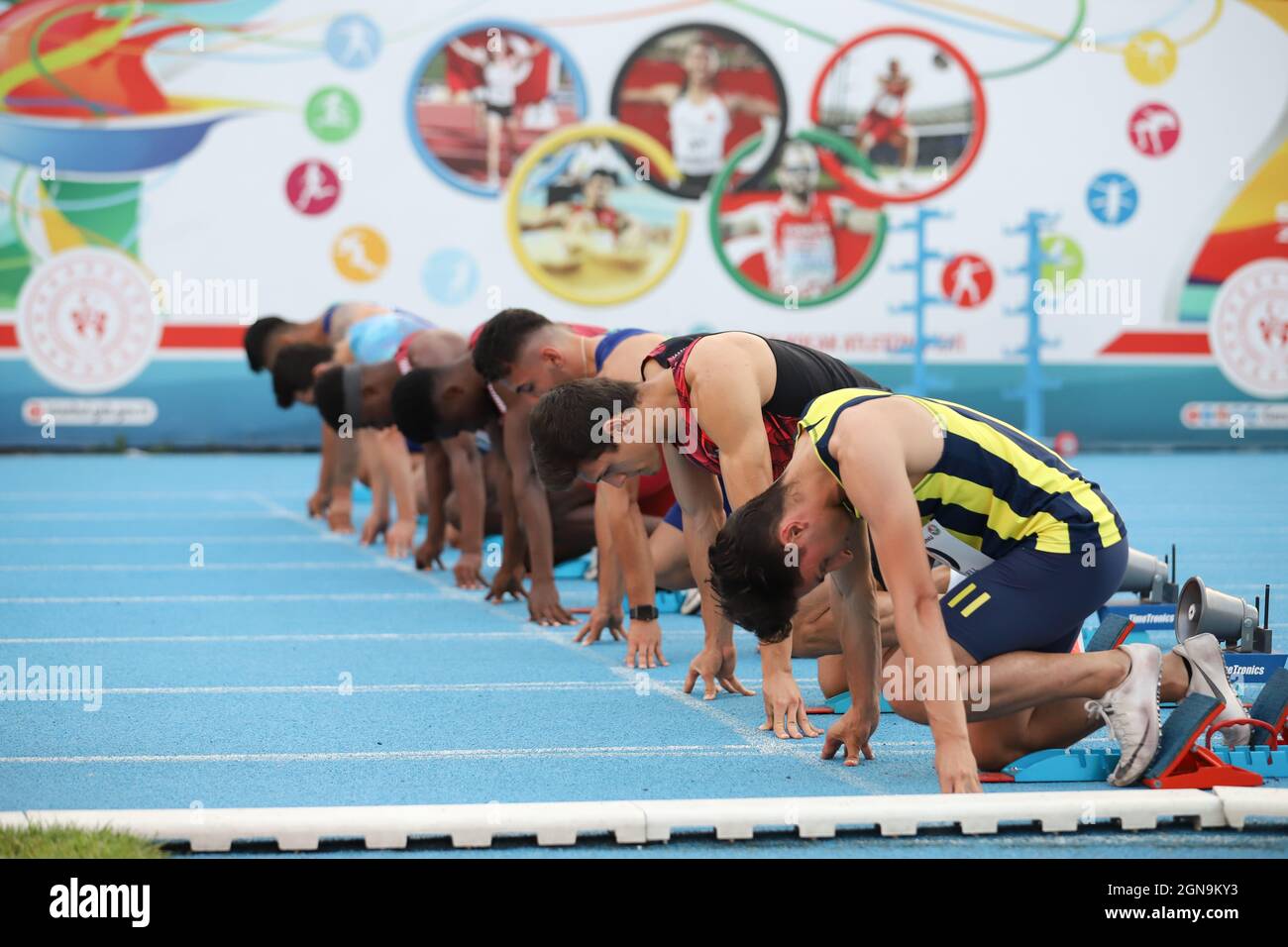 ISTANBUL, TURKEY - JUNE 23, 2021: Athletes running 100 metres during ...