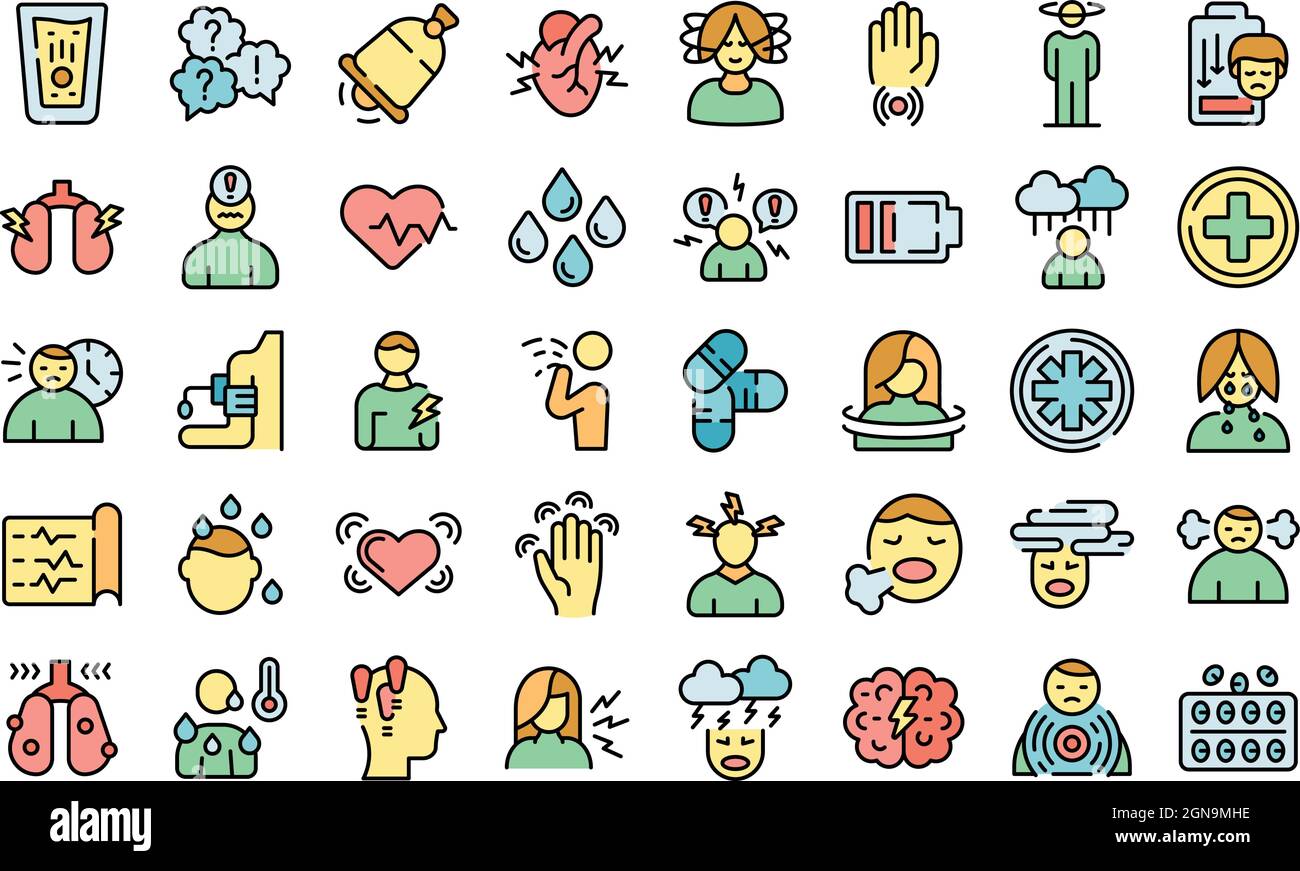 Panic attack icons set outline vector. Panic anxiety. Attack symptoms ...