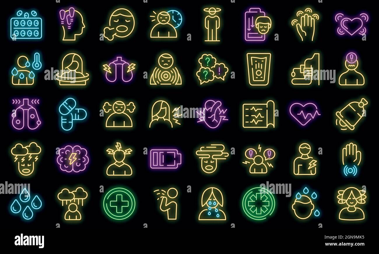 Panic attack icons set outline vector. Panic anxiety. Attack symptoms ...