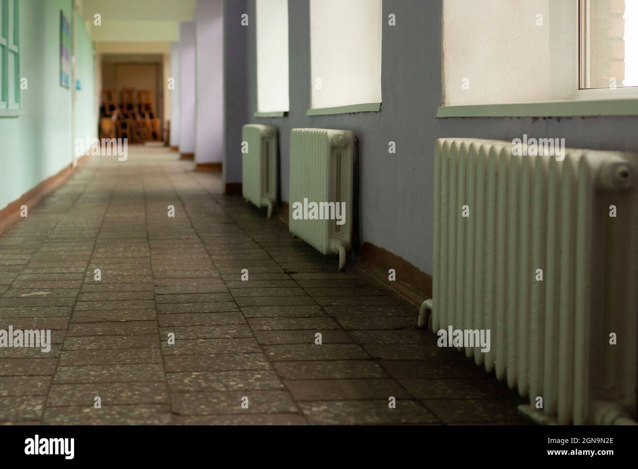 School corridor in Russia. The school building from the inside. Place ...