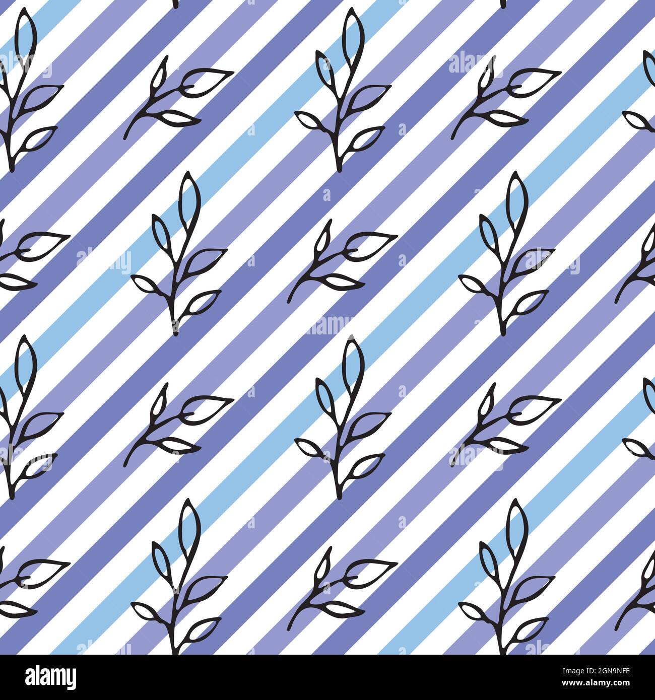 Blue diagonal stripes seamless pattern. Hand drawn doodle black ink ...