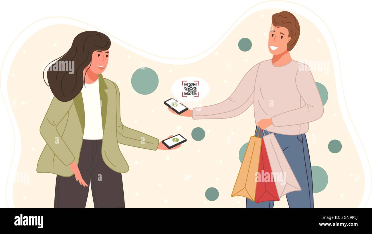 Characters using mobile payment system with scan qr code. Vector ...