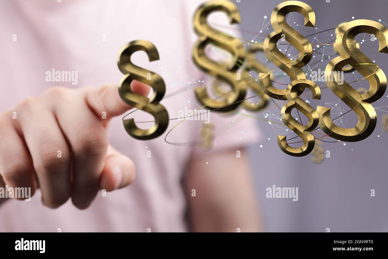 A man clicking on a 3d illustration of golden paragraph symbols ...