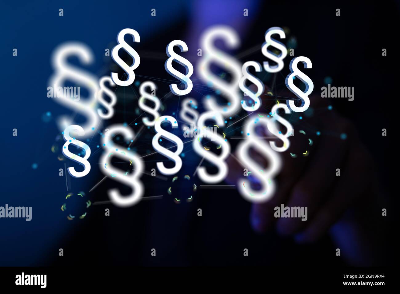 Closeup of a man clicking on 3d rendering of paragraph symbols in blue ...