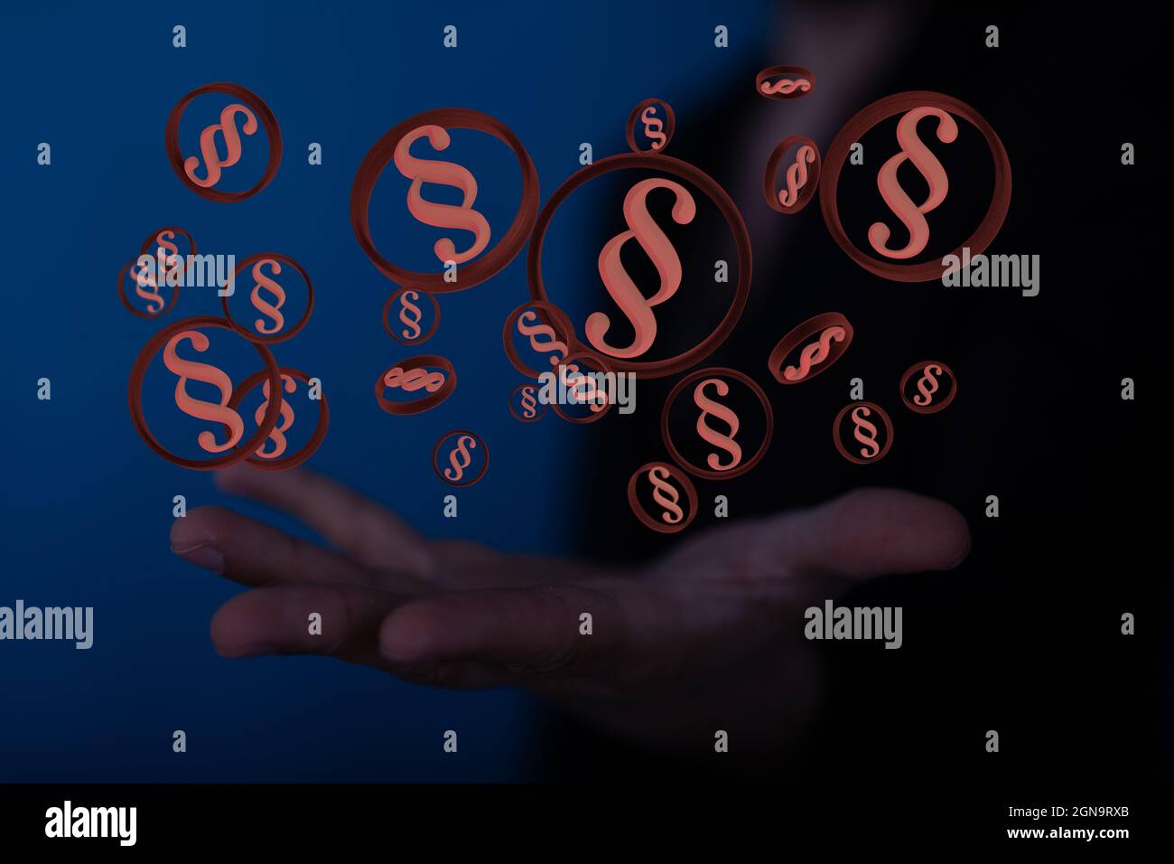 3d rendering of paragraph symbols in circles hovering over a man's palm ...