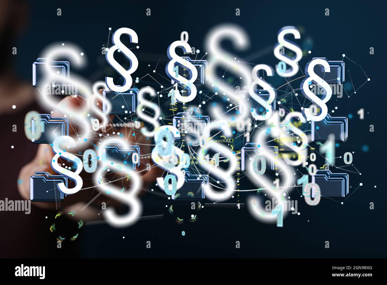 Closeup of a woman clicking on a 3d illustration of paragraph symbols ...