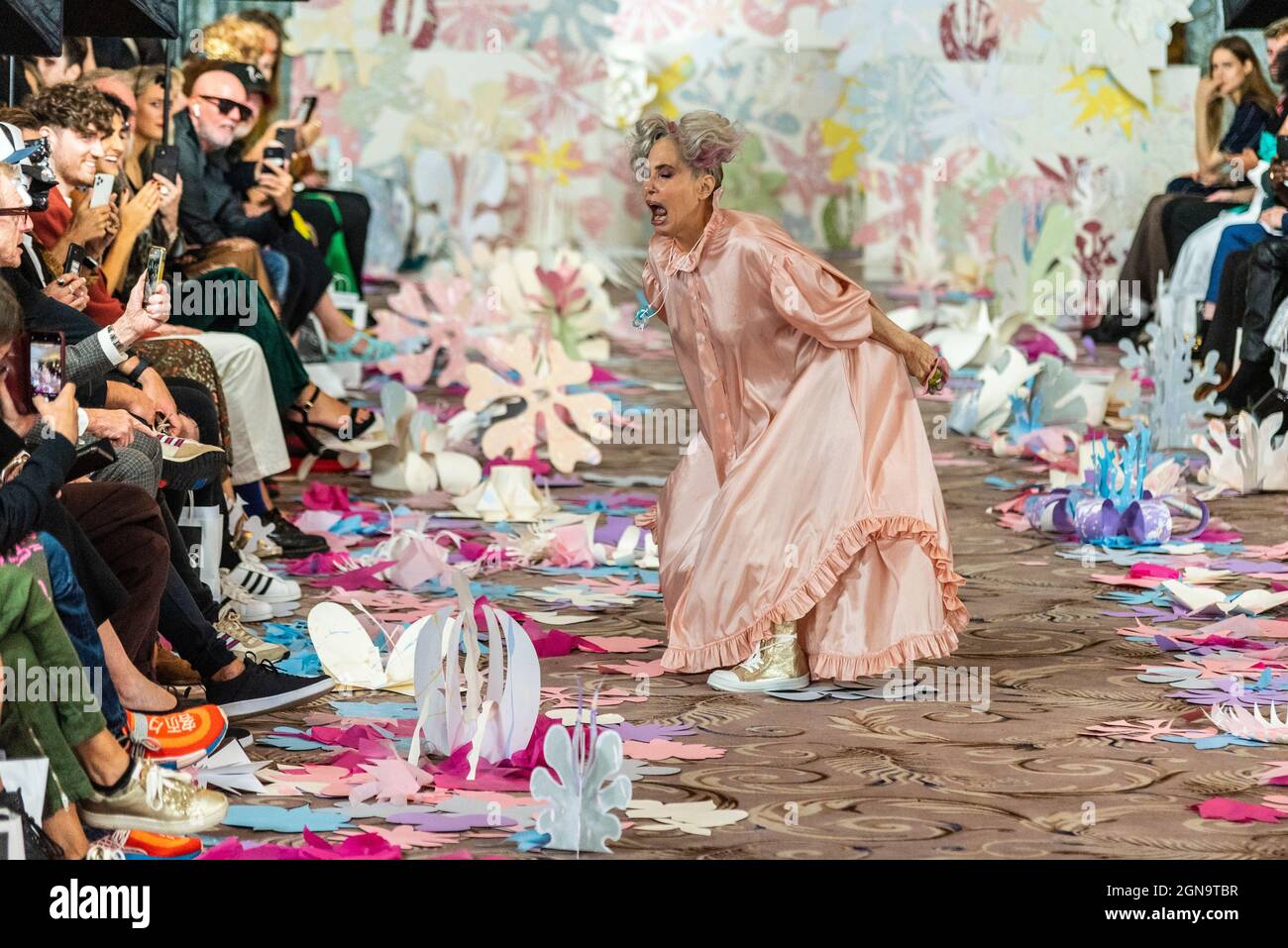 Brix Smith in baby outfit on catwalk in the ballroom of Dorchester ...