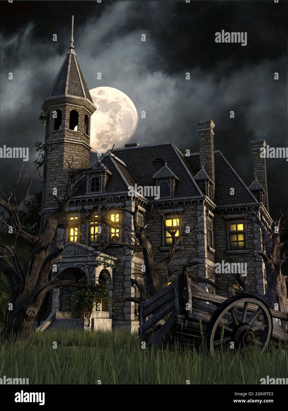 3d-illustration of an scary castle in moonlight for background usage ...