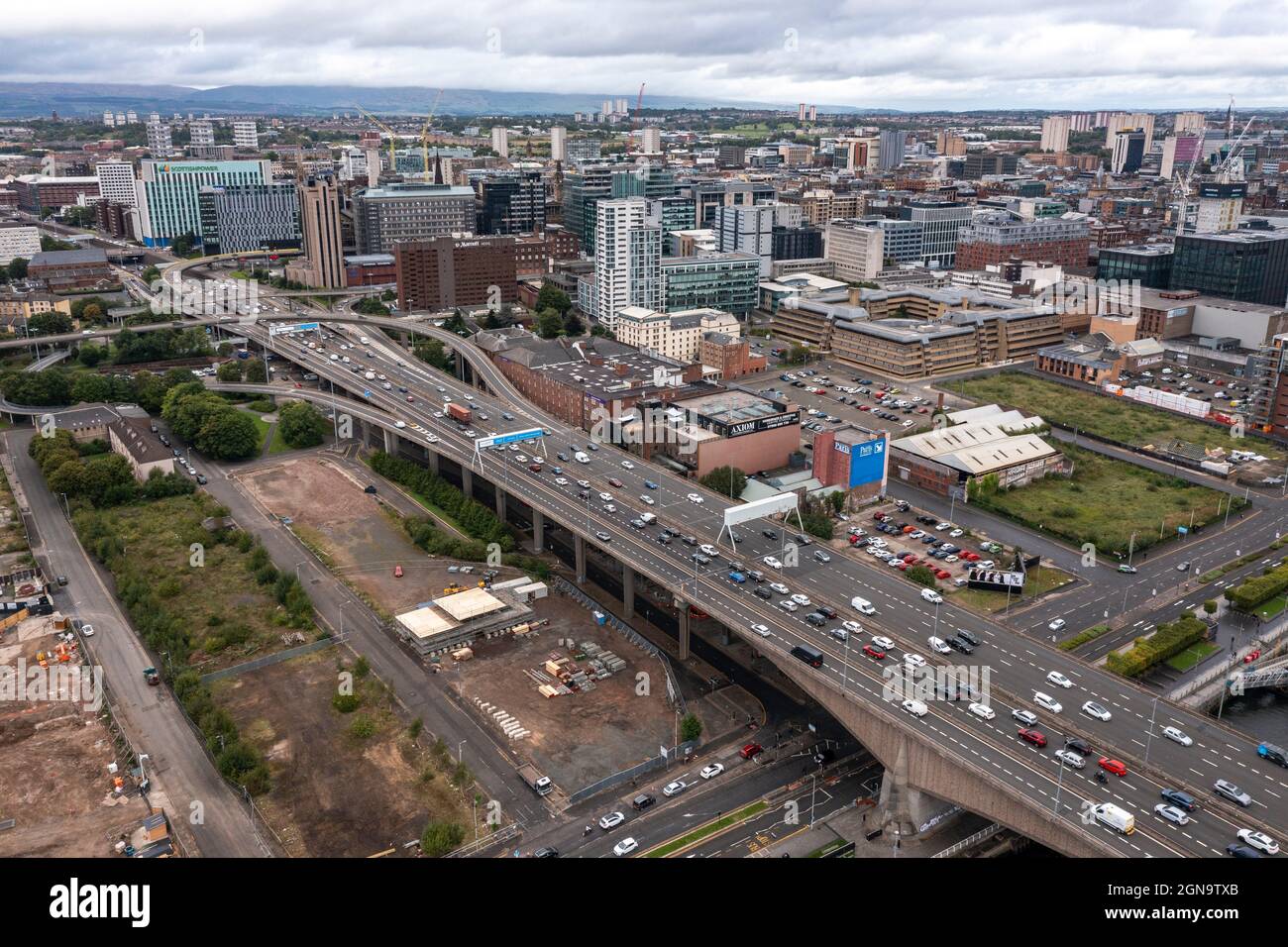 Glasgow, Scotland, UK. 23rd Sep, 2021. PICTURED: Aerial drone view of Kingston Bridge which ...