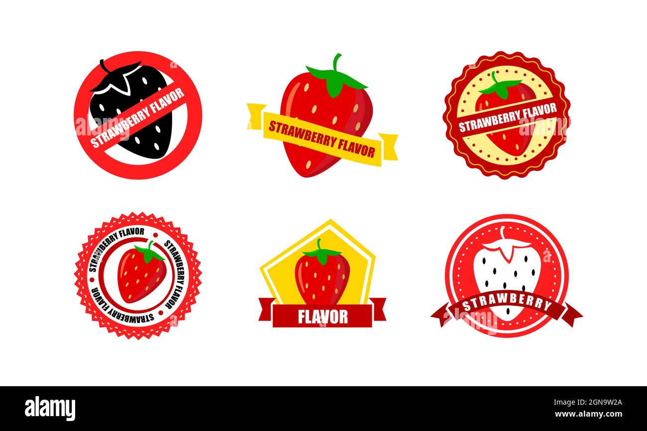 Set of round bright labels with red strawberry. red berry in circle ...