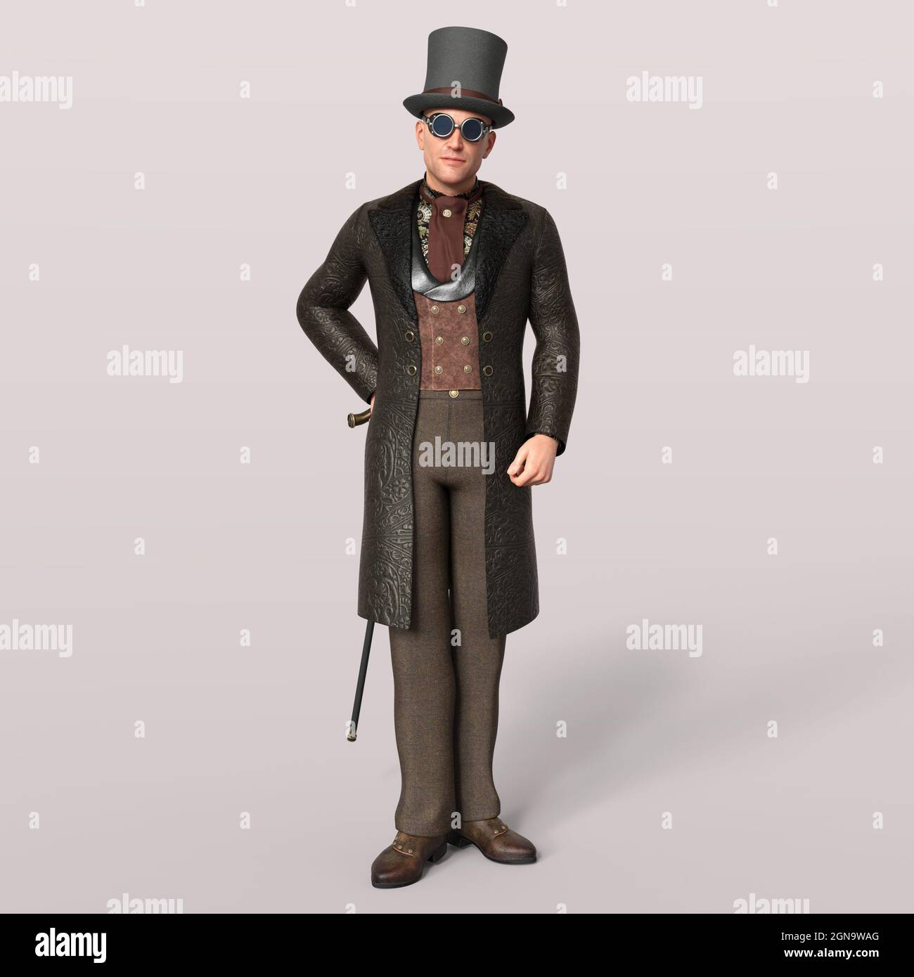 3D-illustration of a victorian steampunk gent character with top hat ...