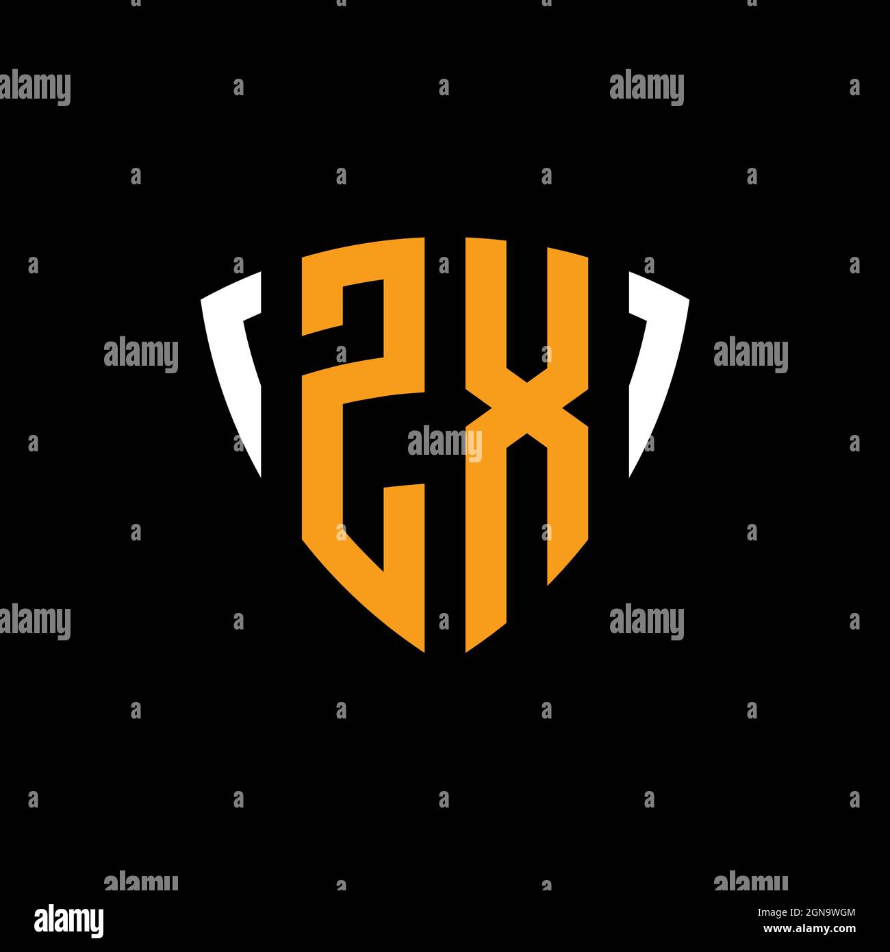 ZX logo with shield white orange shape design template isolated on black background Stock Vector ...
