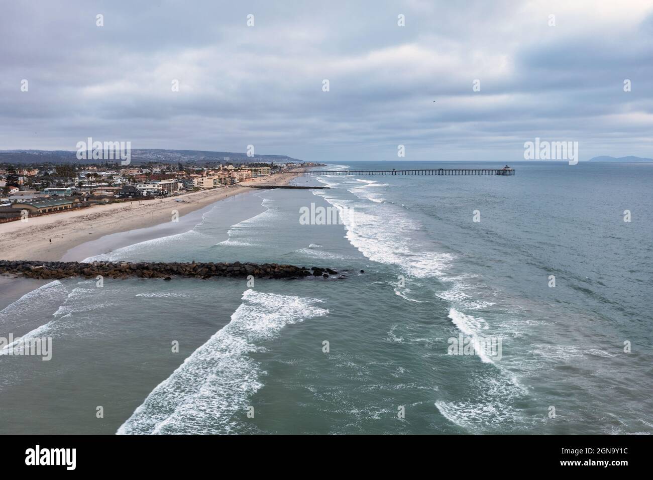 Aerial view of jetties and Imperial Beach Pier daytime drone shot Stock ...
