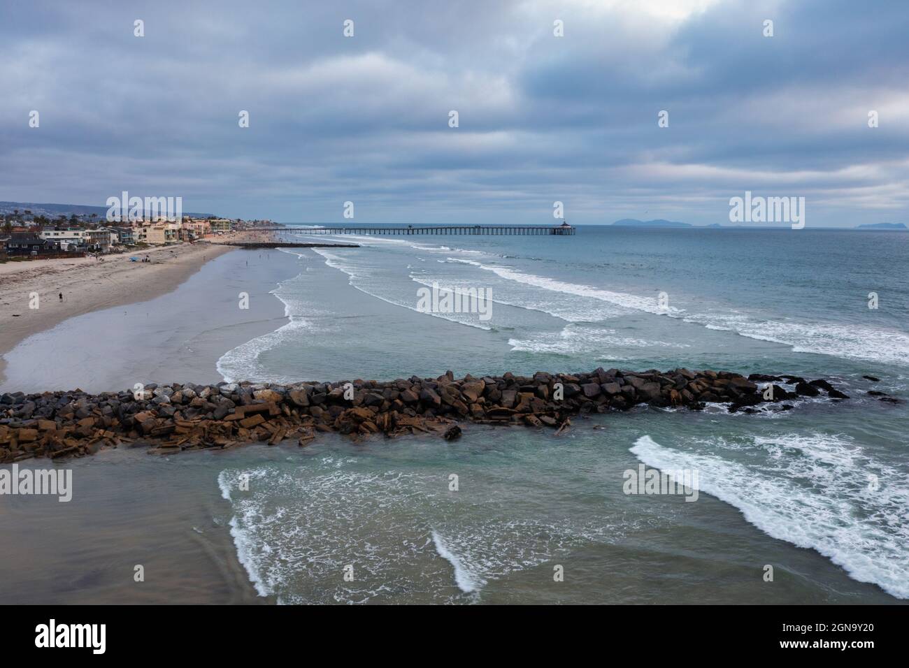 Aerial view of jetties and Imperial Beach Pier daytime drone shot Stock ...