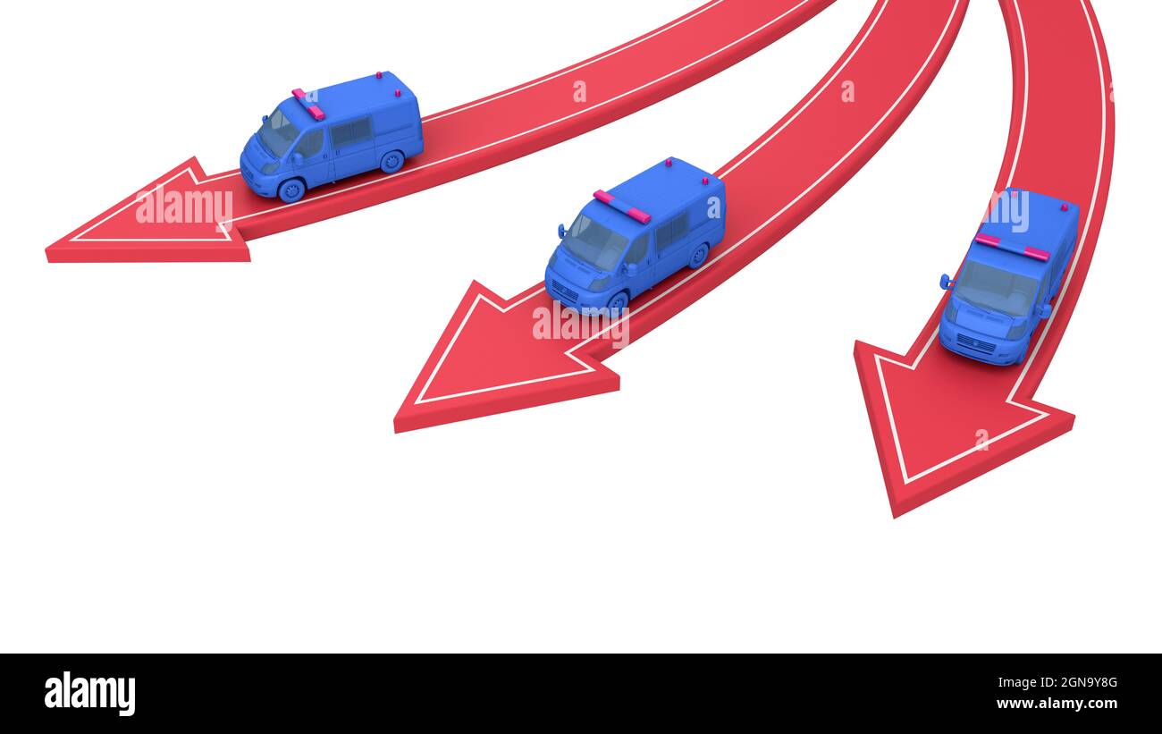 police car go in different directions isolated on white above view. 3d ...