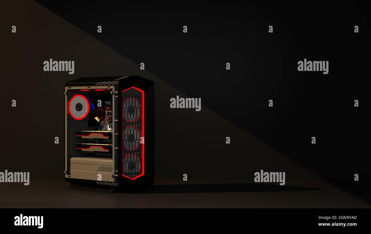 open gaming system computer unit in the dark. 3d rendering Stock Photo ...