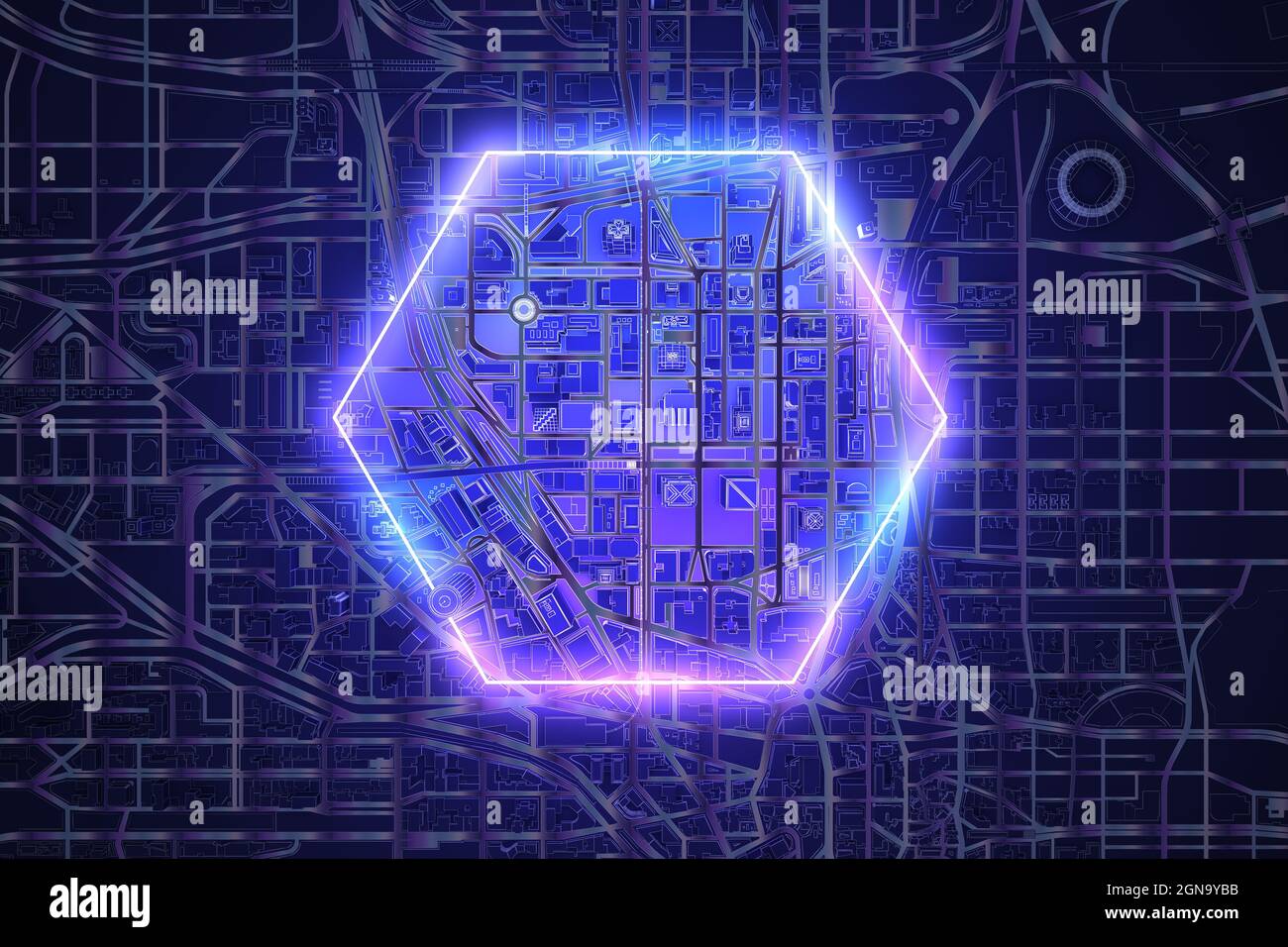 neon hexagon shape over dark city top view. 3d rendering Stock Photo ...