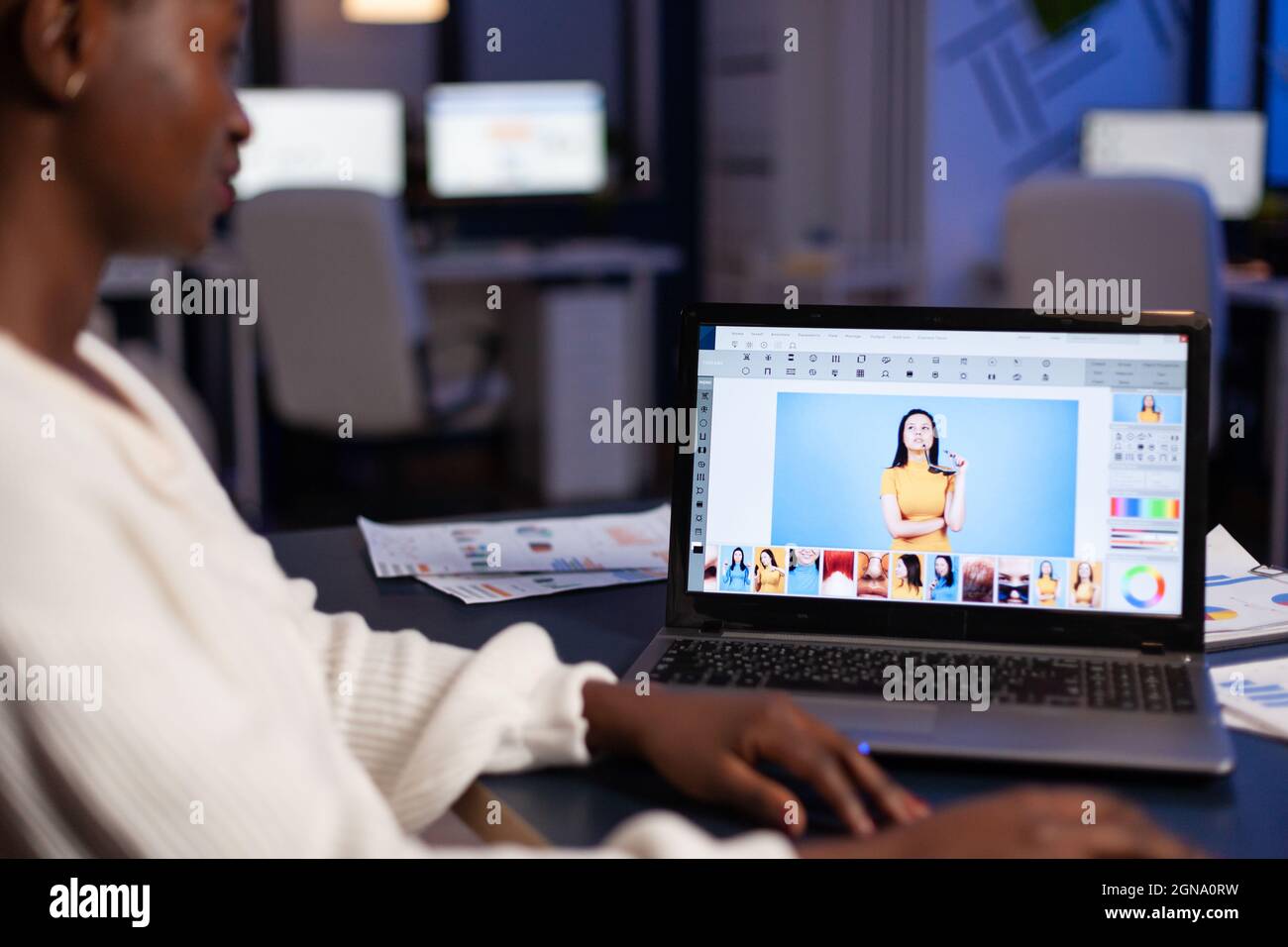 Exhausted african photographer editor retouching artist deadline ...