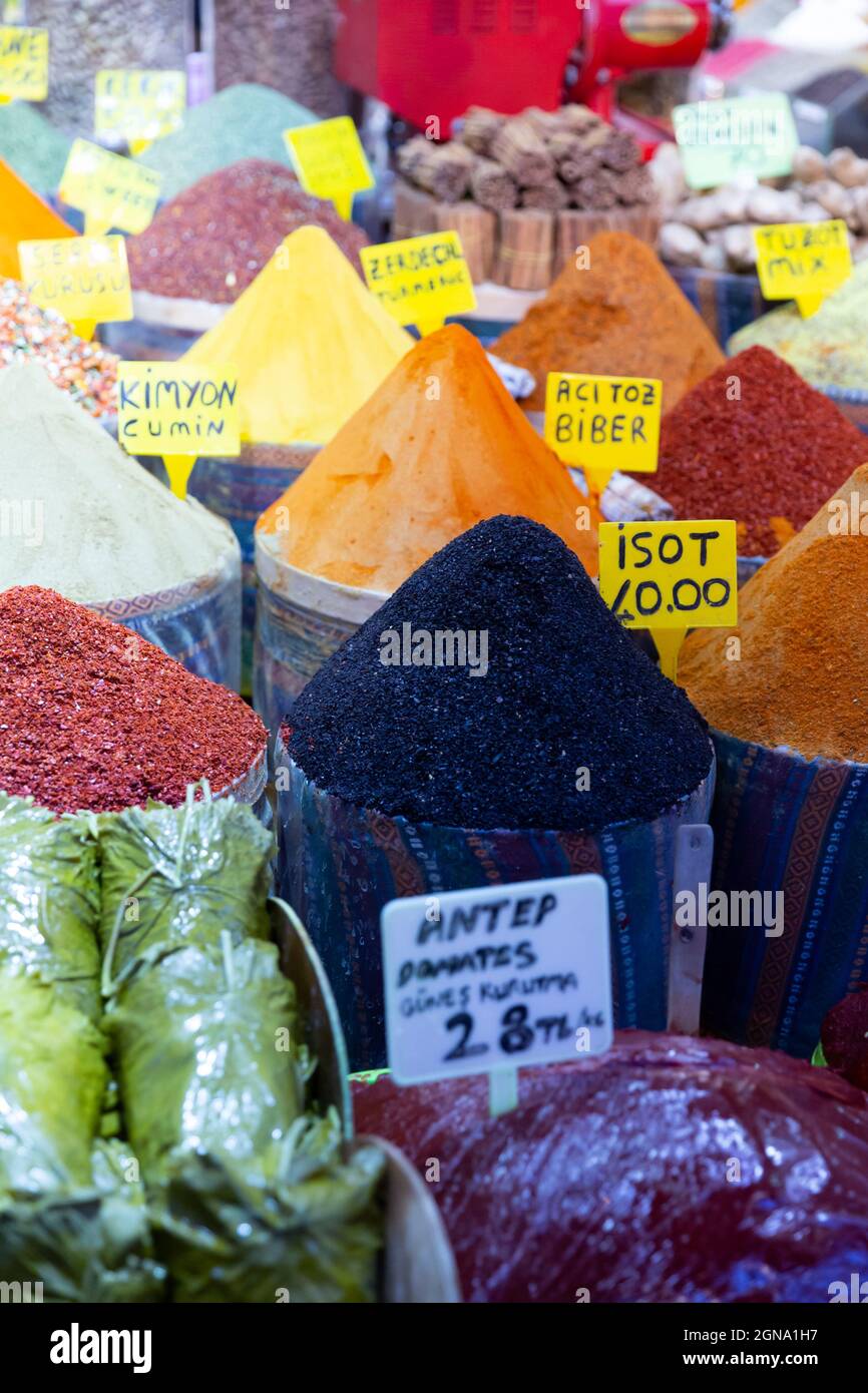 Various spices at the turkish market closeup. On price tags name of ...