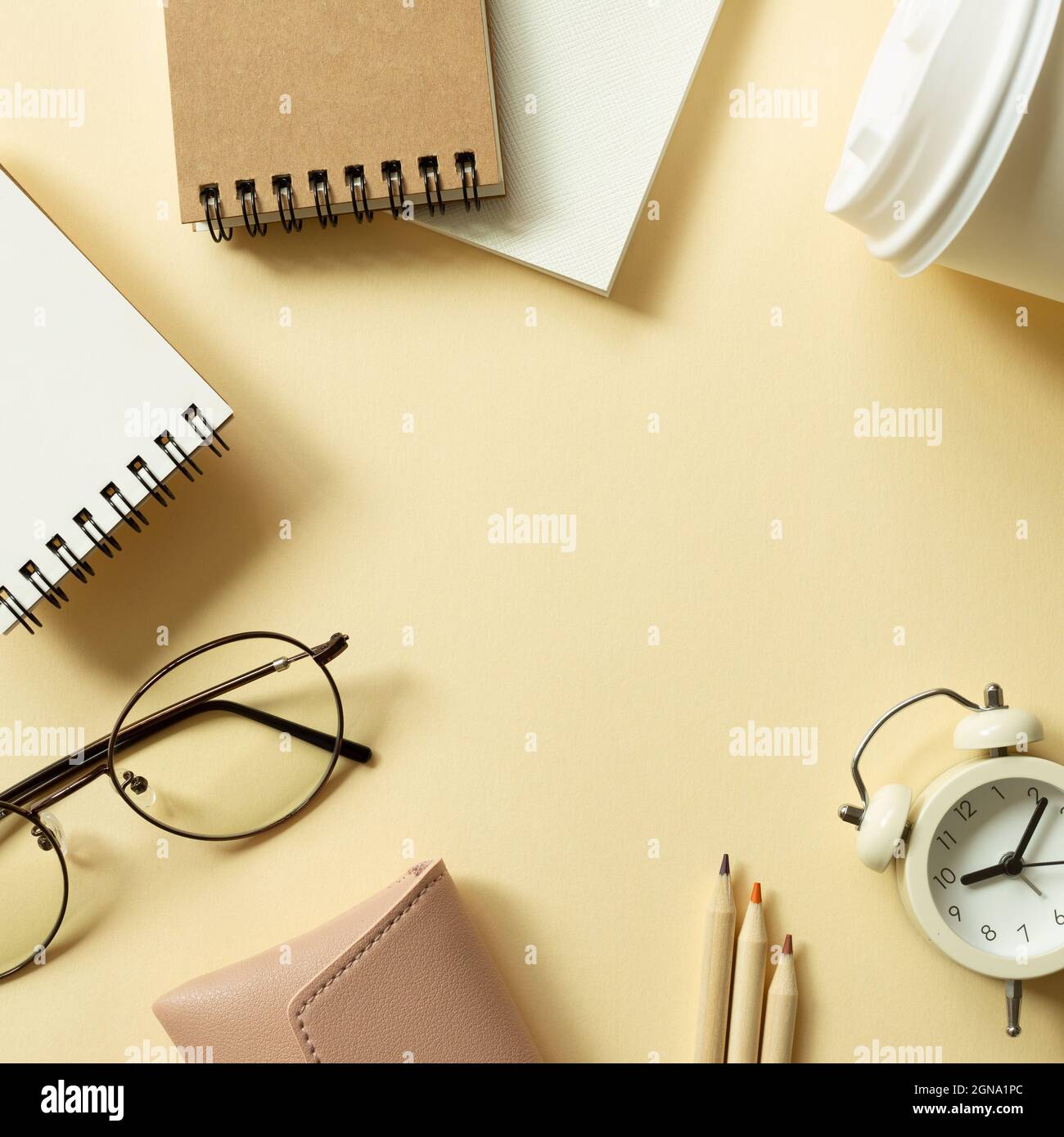 Various office supplies on beige background. workspace. flat lay, top ...